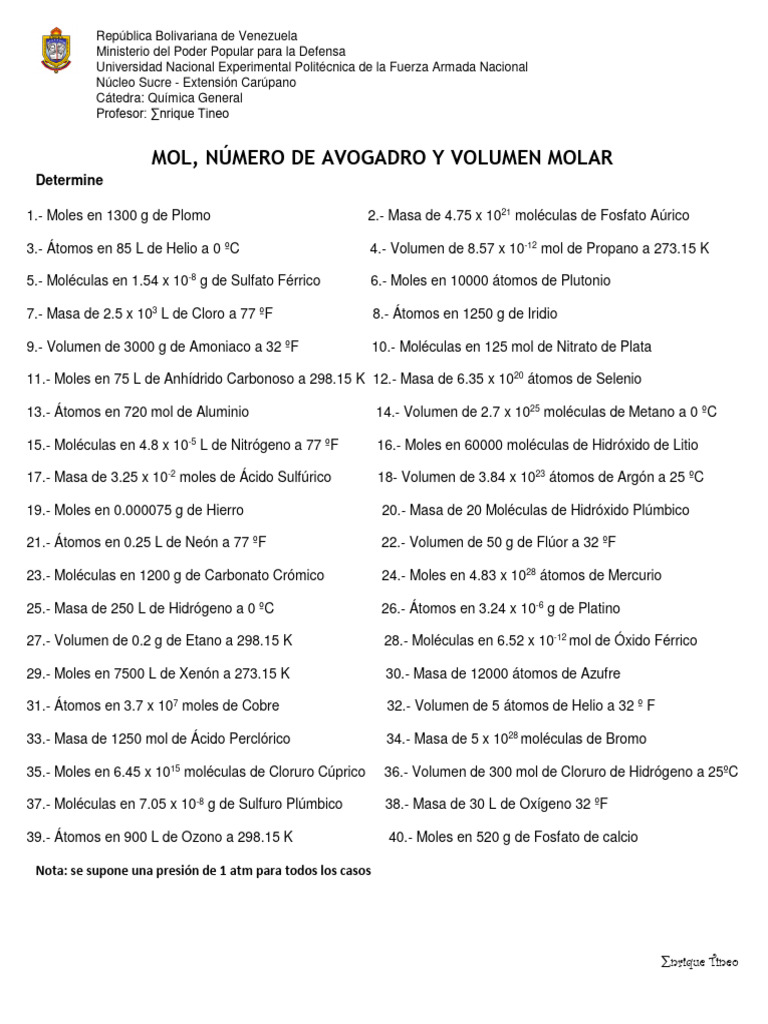 Guía Mol, Número de Avogadro y Volumen Molar | PDF