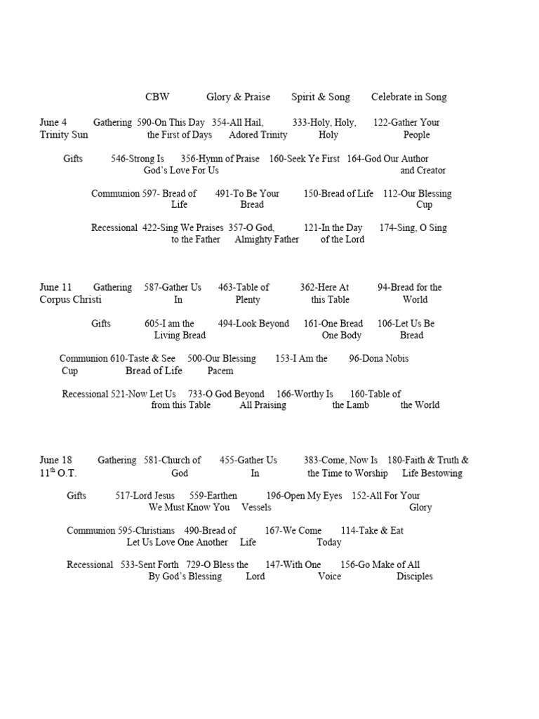Mass Music Trinity Sunday To 14th Sunday In Ordinary Time 2 Pdf