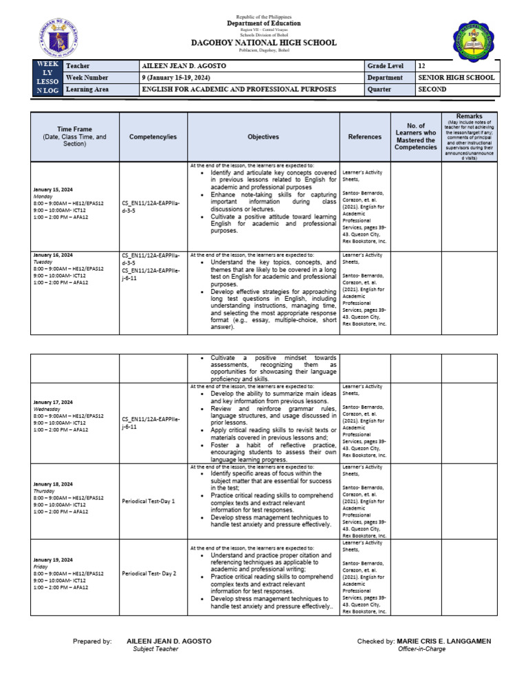 Week 9 Lesson Log in EAPP | PDF | Learning | Cognition