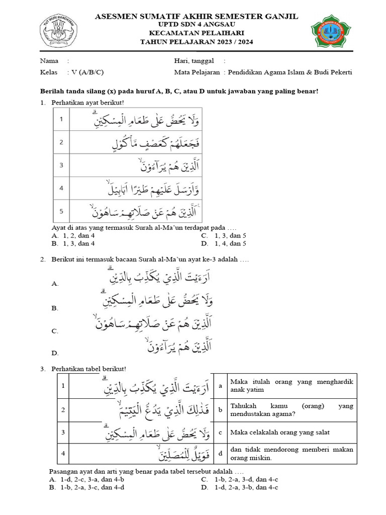 Pai & BP Kelas 5 Asesmen Sumatif Akhir Semester Ganjil | PDF