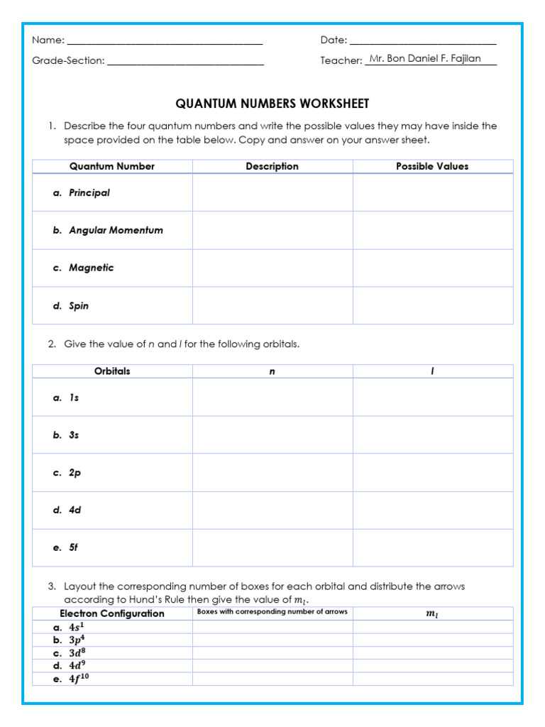 Quantum Numbers Worksheet | PDF | Teaching Methods & Materials ...