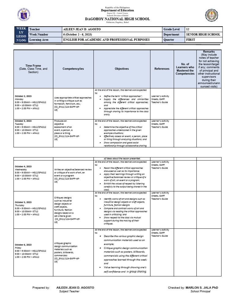 Week 6 Lesson Log in EAPP | PDF