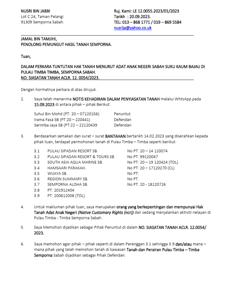 Surat Rasmi Pemfailan Pencelah Le Aclr. 12.0055.2023 | PDF