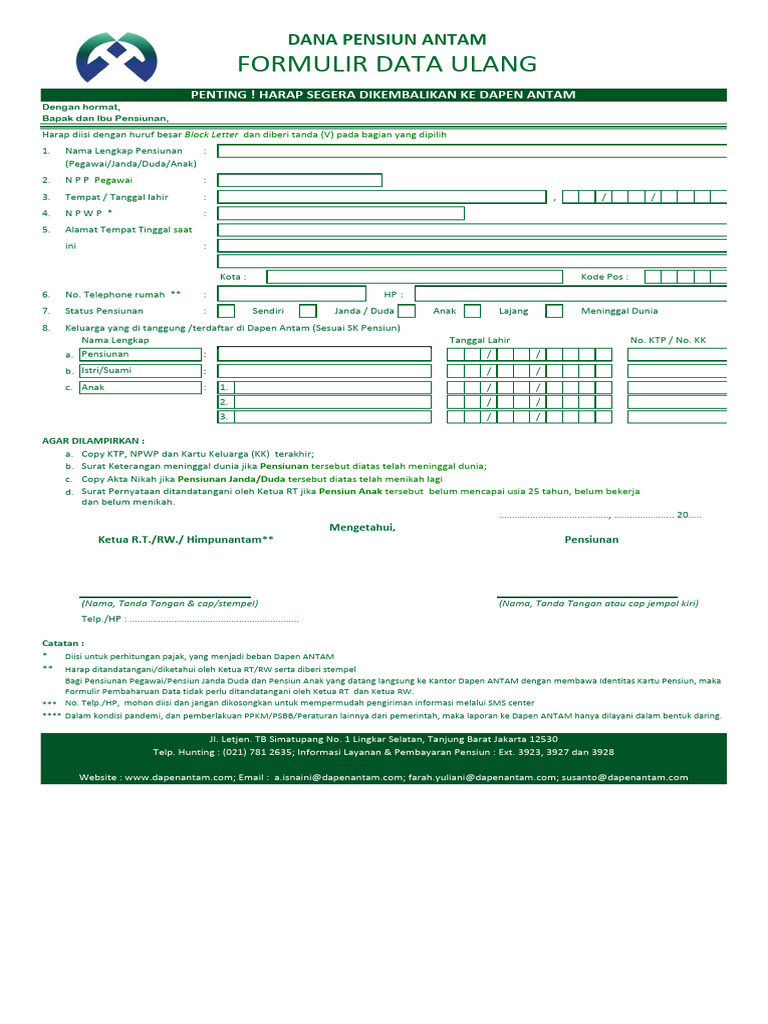 Formulir DATUL Pensiunan DP ANTAM Baru | PDF