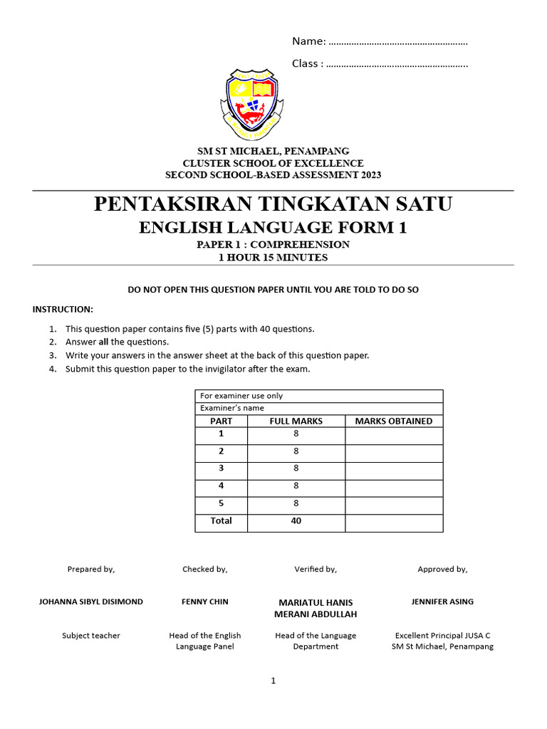 PAPER 1 ENGLISH FORM 1 EXAM 2 2023 | PDF | Friendship | Experience