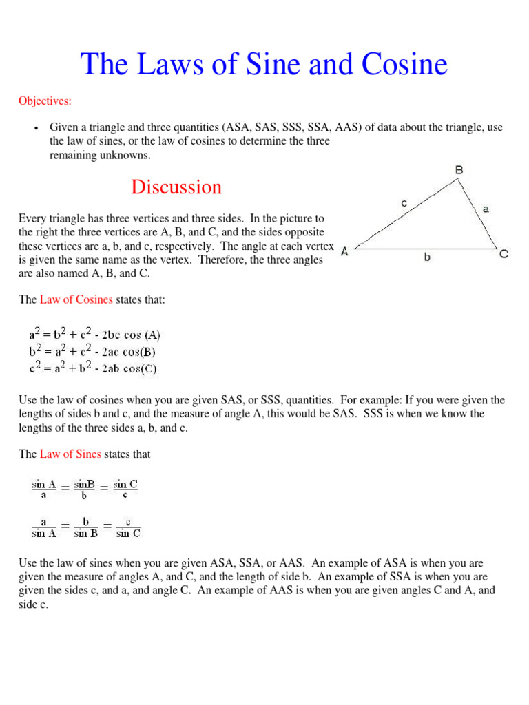 The Laws of Sine and Cosine Handout | PDF