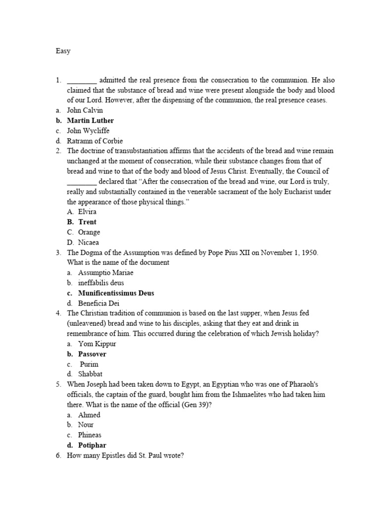 quiz bee questions | PDF | Eucharist | Sacraments