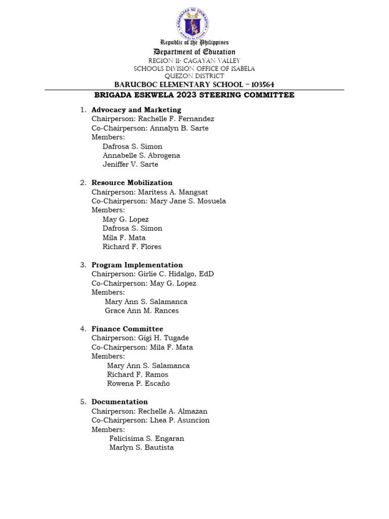 BRIGADA ESKWELA 2023 STEERING COMMITTEE | PDF