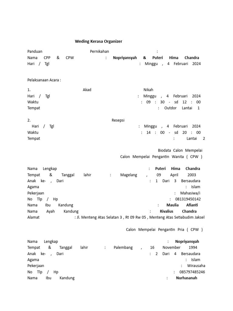 Susunan Acara Wedding Nopriyansyah & Puteri | PDF