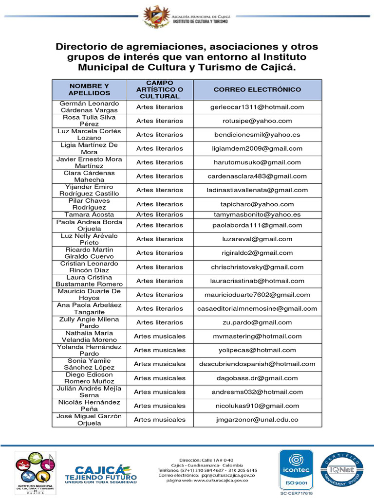 Directorio de Agremiaciones Culturales Cajicá | PDF