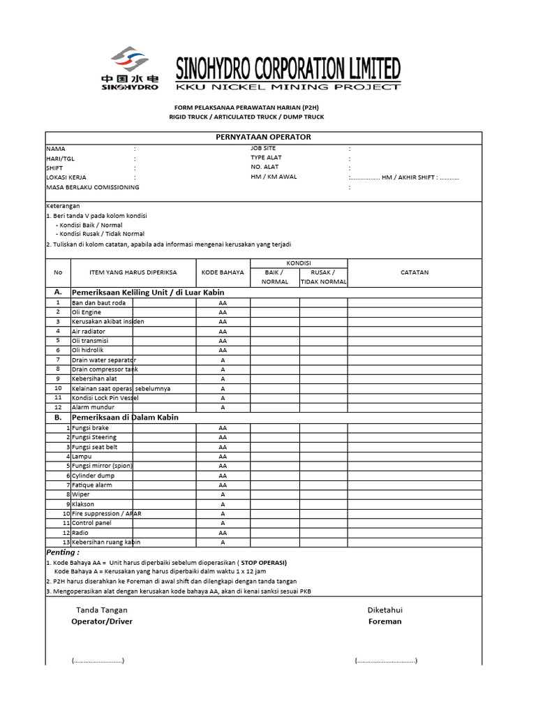 Form P2H Harian Kendaraan Berat | PDF
