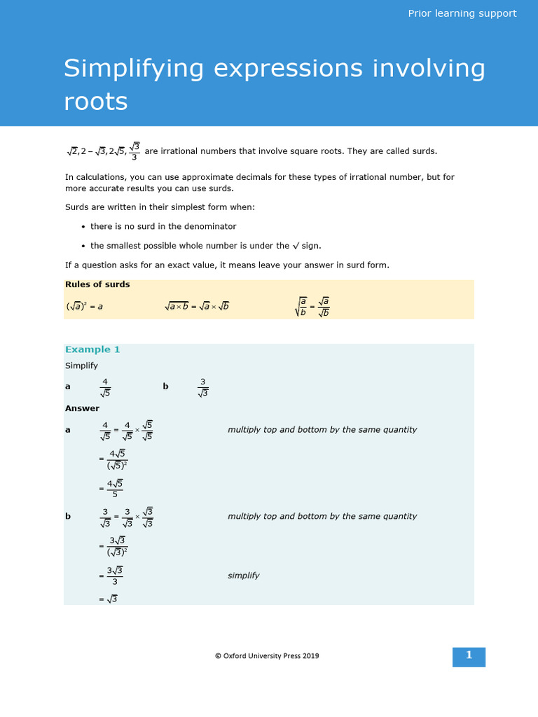 Simplifying Expressions Involving Roots (Prior Knowlege) | PDF | Mathematical Concepts ...
