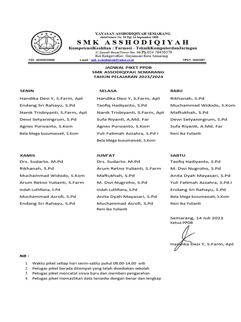 Jadwal Piket PPDB 2023-2024 | PDF