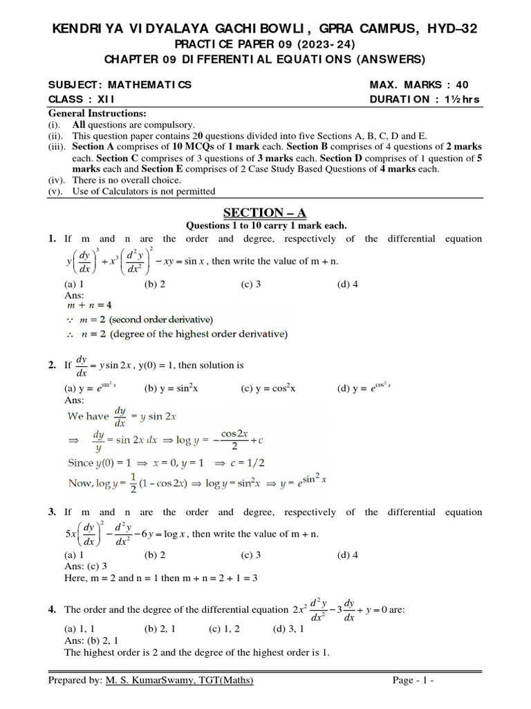 Maths Class Xii Chapter 09 Differential Equations Practice Paper 09 Answers | PDF