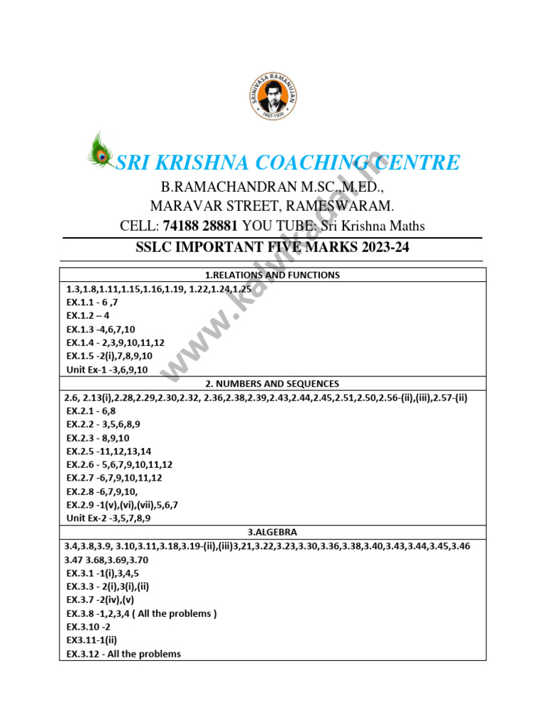 10th Maths Important 5 Marks Questions Download Free Pdf