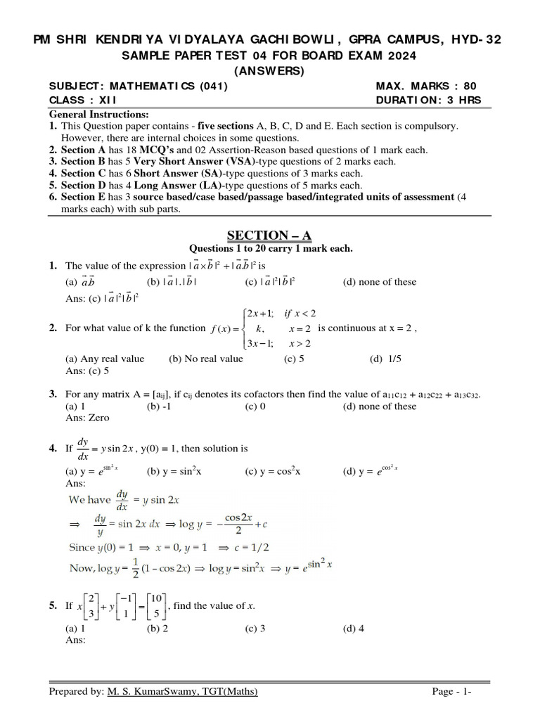 Maths Class Xii Sample Paper Test 04 For Board Exam 2024 Answers | PDF ...