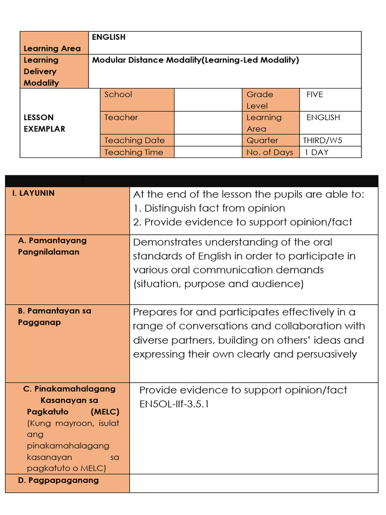 Fact vs. Opinion Lesson Plan for Grade 5 | PDF | Learning | Opinion