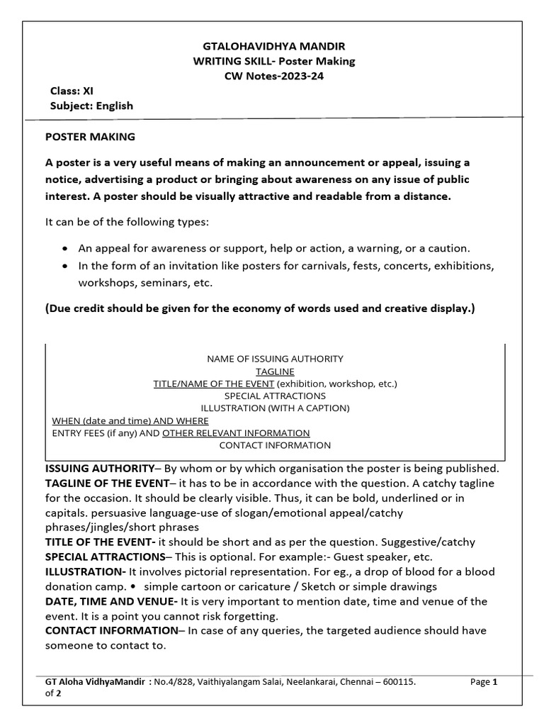 GTAVM Class11 English Writingskill Postermaking Sample 202324 ...