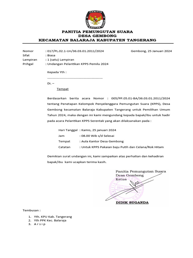Undangan Pelantikan KPPS 2024 | PDF