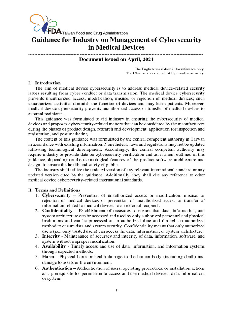 Guidance For Industry On Management of Cybersecurity in Medical Devices (TFDA) | PDF | Security ...