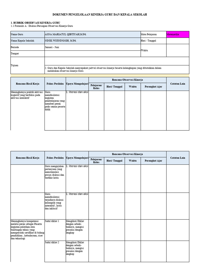 Form Observasi Kinerja Guru (CONTOH ISI) | PDF