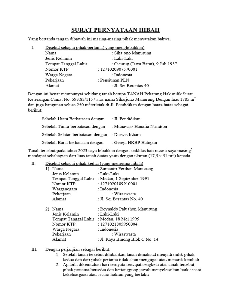 Surat Pernyataan Hibah | PDF