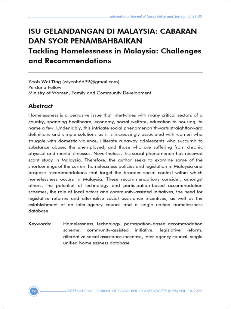 Isu Gelandangan Di Malaysia: Cabaran Dan Syor Penambahbaikan Tackling Homelessness in Malaysia ...