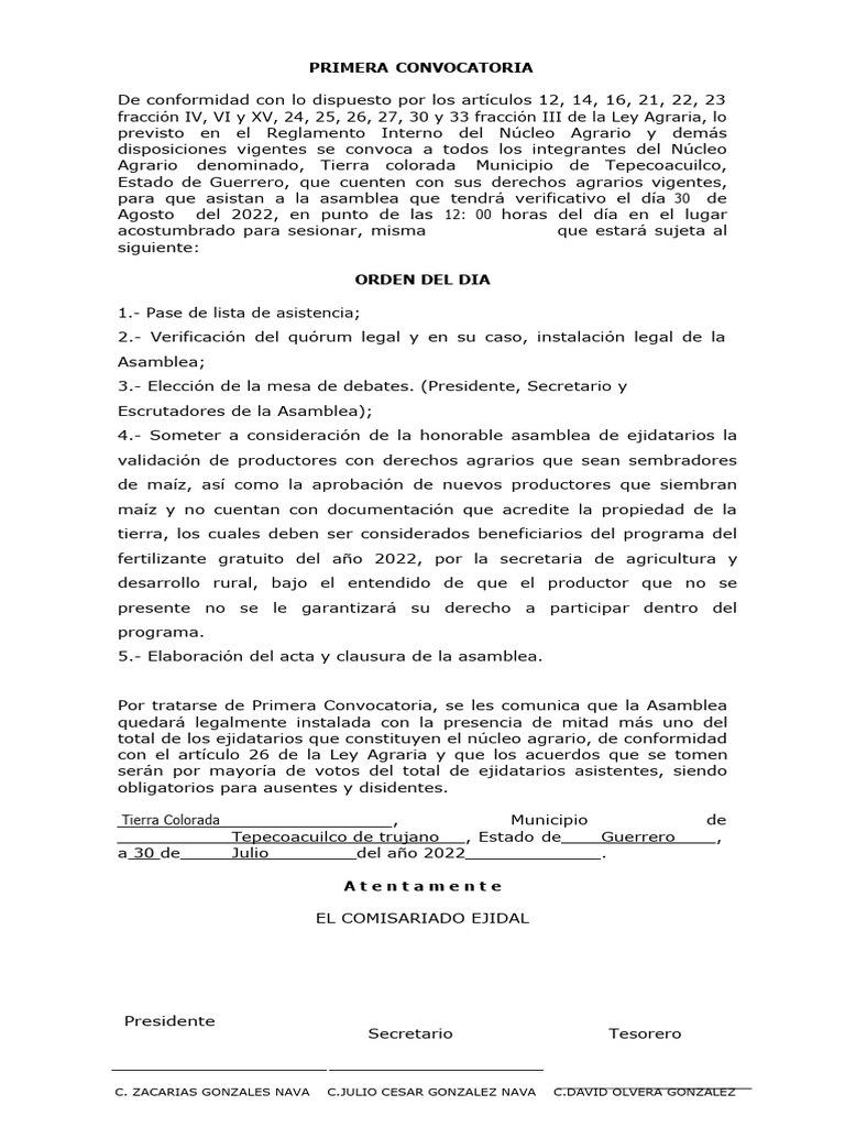 Convocatoria Asamblea Ejidal Guerrero | PDF | Reforma agraria | Quórum