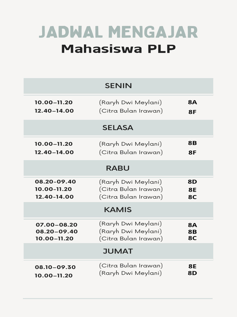 Jadwal Mengajar Mahasiswa PLP - 20240203 - 184514 - 0000 | PDF