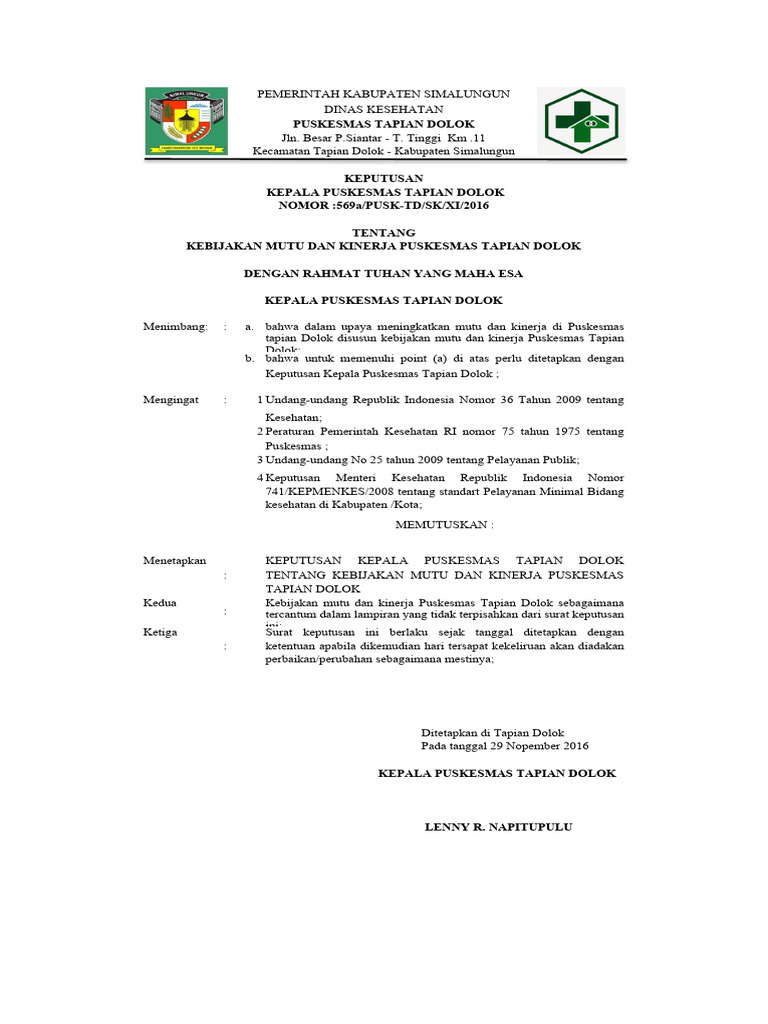 E.P.3.1.1.4Sk Kebijakan Mutu Dan Kinerja Puskesmas Tapian Dolok Baru | PDF