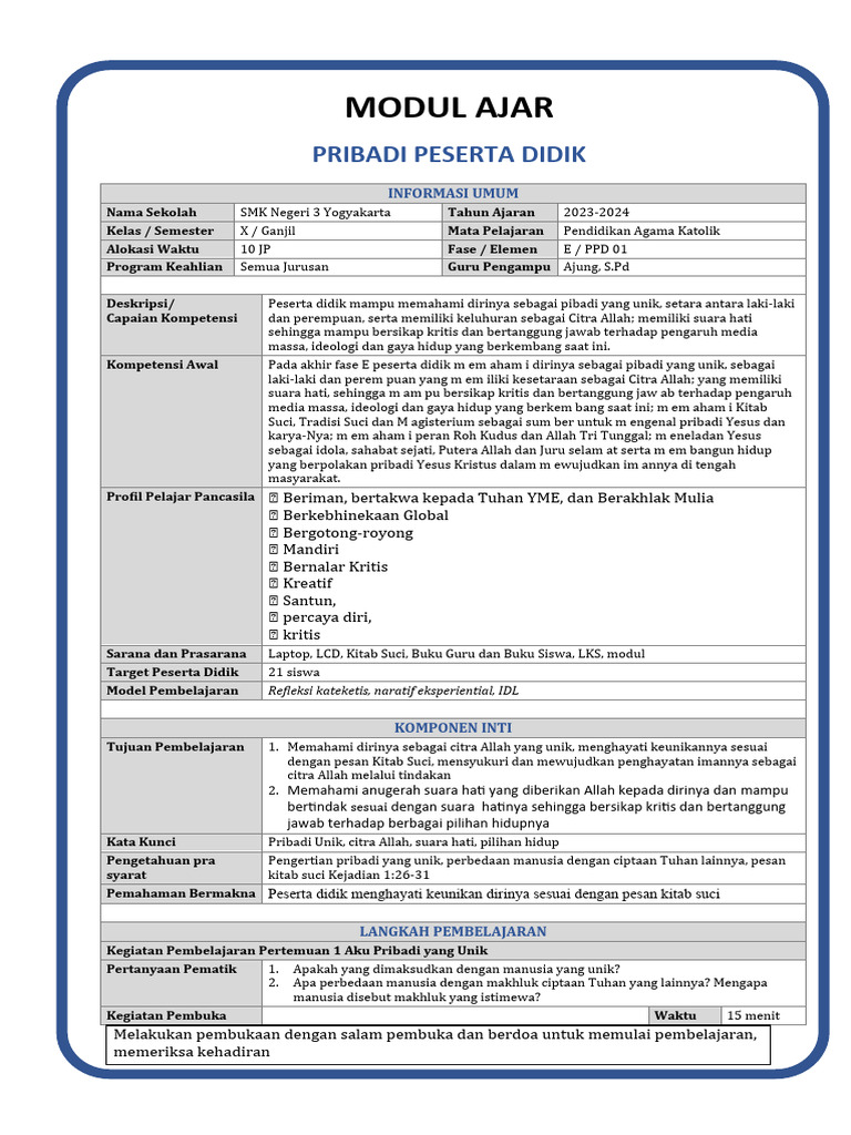 Modul Ajar Pendidikan Agama Katolik Kelas X | PDF | Karier & Perkembangan | Pengembangan Diri
