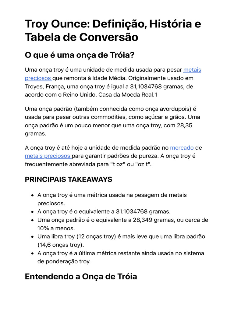 Troy Ounce - Definição, História e Tabela de Conversão | PDF