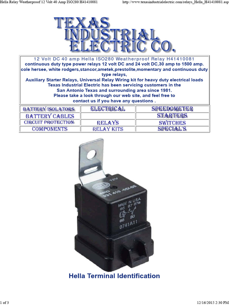 Hella Relay Weatherproof 12 Volt 40 Amp ISO280 H41410081 | PDF | Relay ...