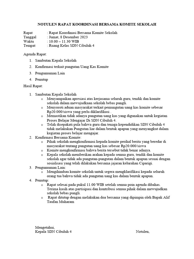 BARU NOTULEN RAPAT KOORDINASI BERSAMA KOMITE SEKOLAH | PDF