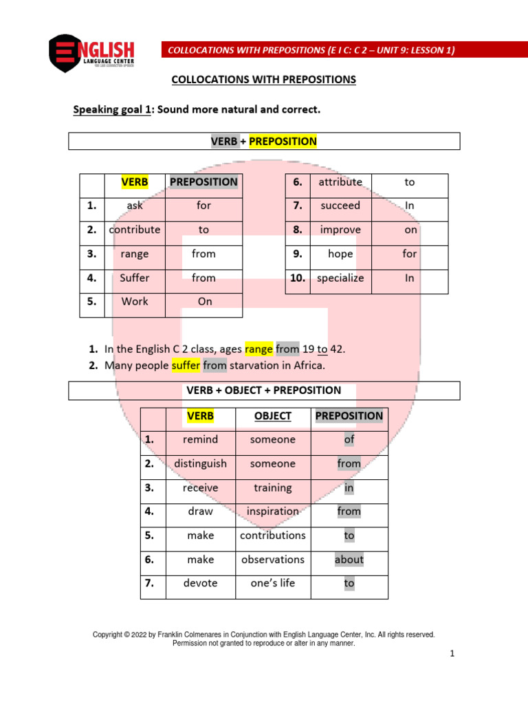 Collocations With Prepositions - Lesson 1 | PDF