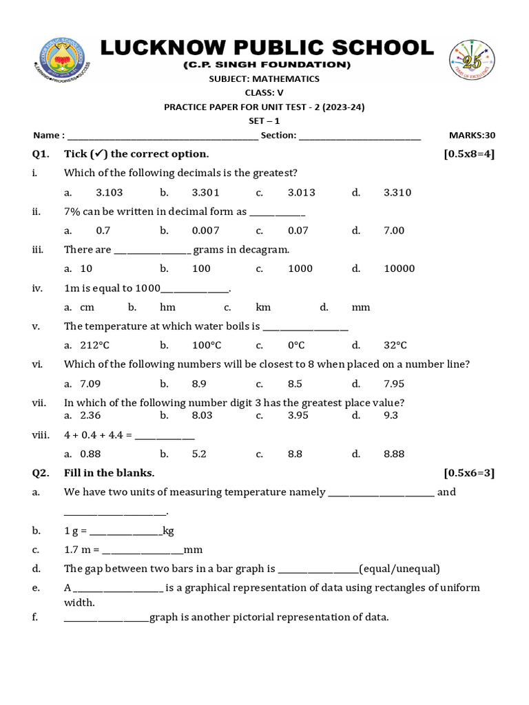 Class - 5 Practice Paper - 1 | PDF