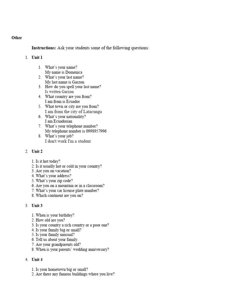 Speaking Exam Unit 1 To 6 | PDF | Language Arts & Discipline | Foreign Language Studies