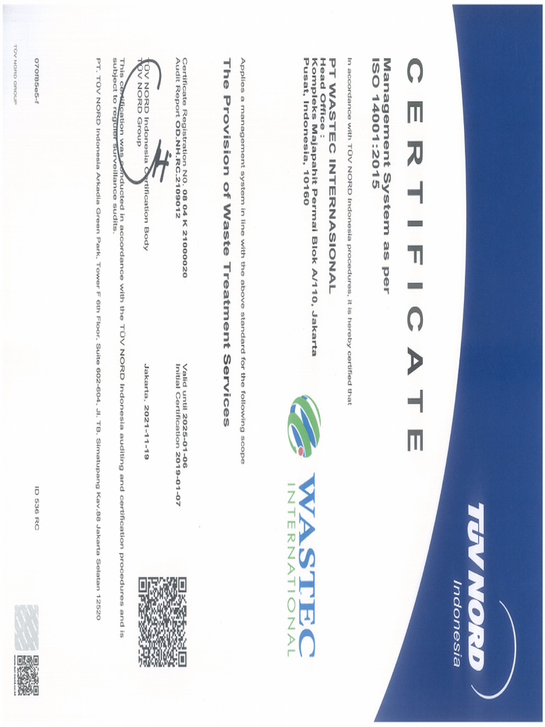 ISO 14001 Cert - EMS - Wastec Internasional (2025) | PDF