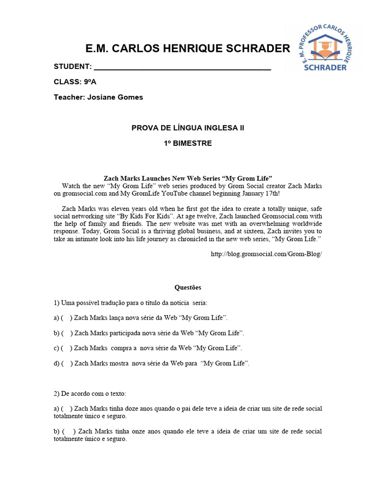 Prova de Língua Inglesa Ii | PDF