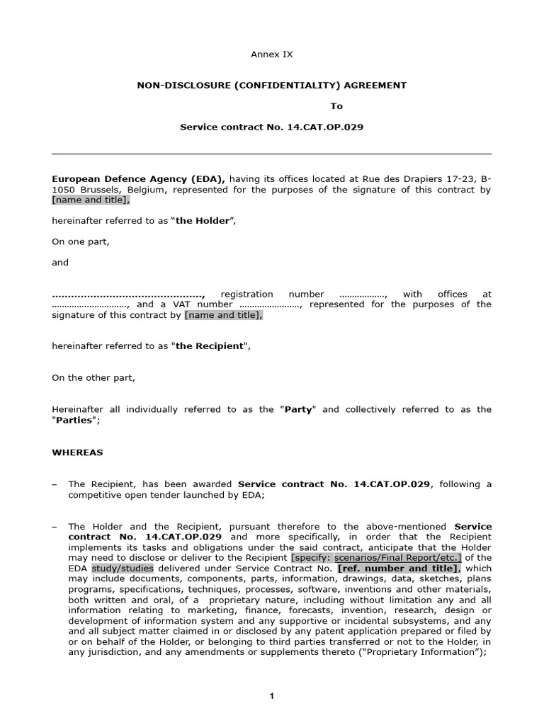 NDA Service Contract Template | PDF | Trade Secret | Non Disclosure ...