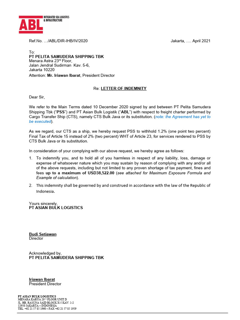 Letter of Indemnity ABL To PSS Rev13-04-2021 | PDF | Finance & Money ...