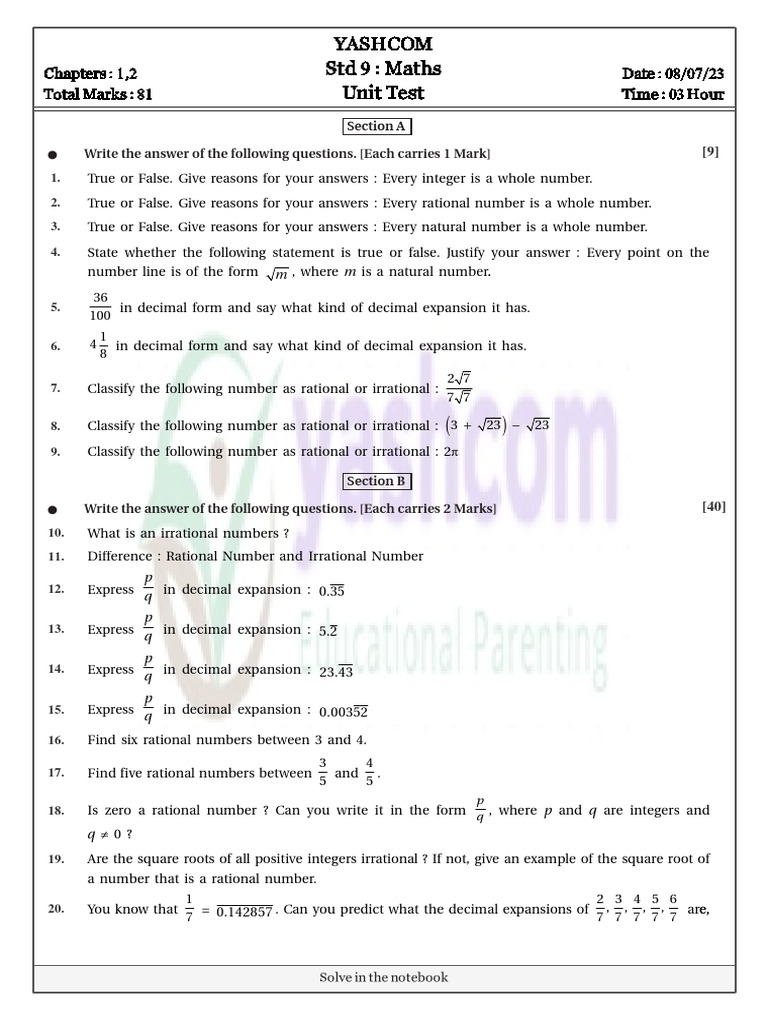 UnitTest - D08 Jul 2023 | PDF | Numbers | Rational Number