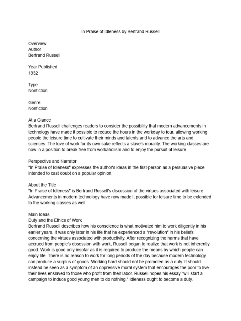 In Praise of Idleness by Bertrand Russell Summary and Analysis | PDF ...