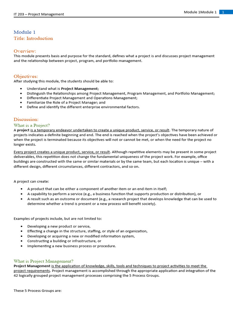 IT 203 - Project Management Module 1 | PDF | Project Management | Strategic Management