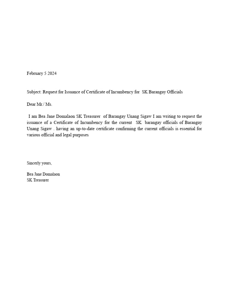 Request Letter Dilg (Sk Treasurer) - Google Docs | PDF