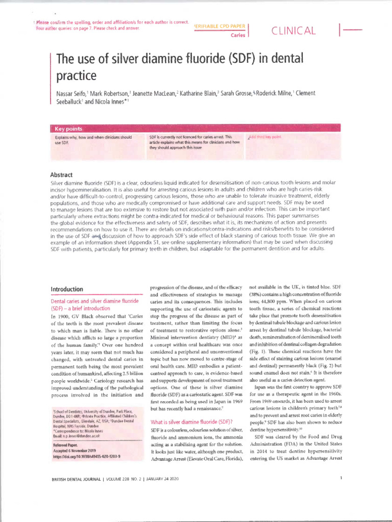 The Use of Silver Diamine Fluoride SDF in Dental Practice | PDF