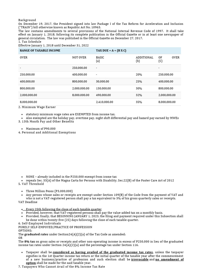 Salient Features of TRAIN Law | PDF | Taxes | Value Added Tax