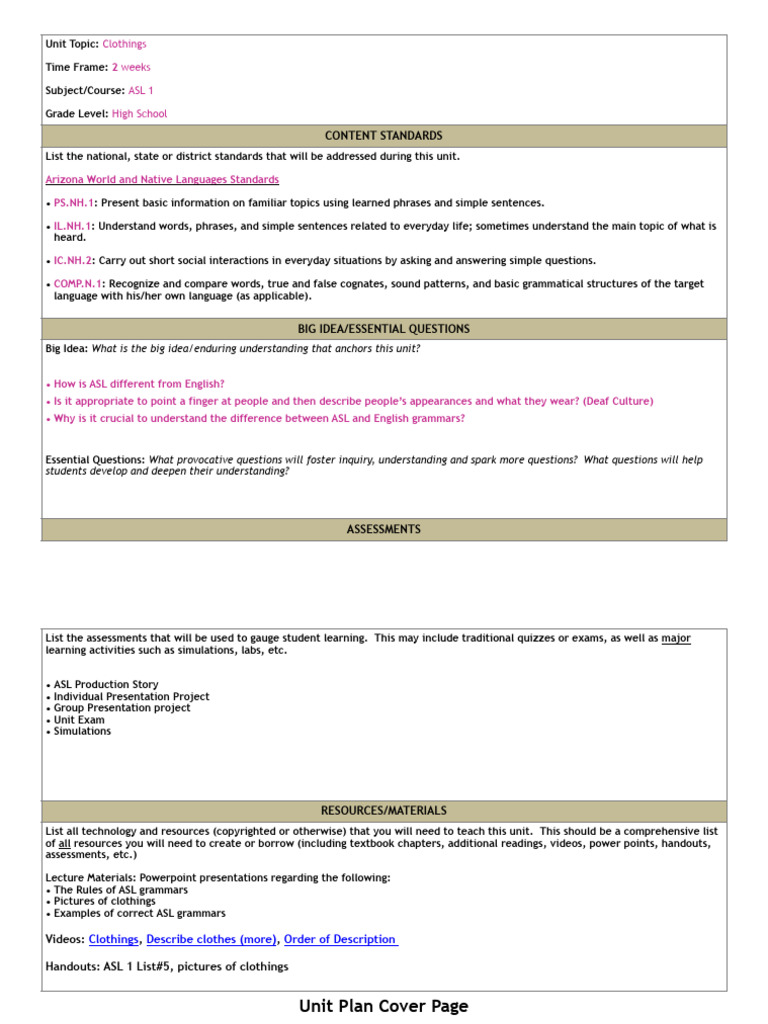 ASL 1 Unit Plan | PDF