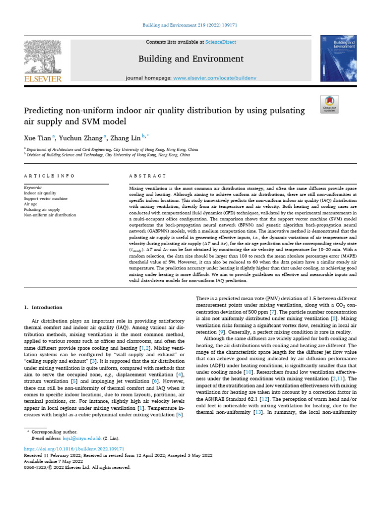 Predicting Non-Uniform Indoor Air Quality Distribution by Using Pulsating Air Supply and SVM ...