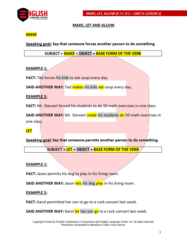 Make, Let, Allow - Unit 9 (Lesson 1) | PDF | Verb | Grammar